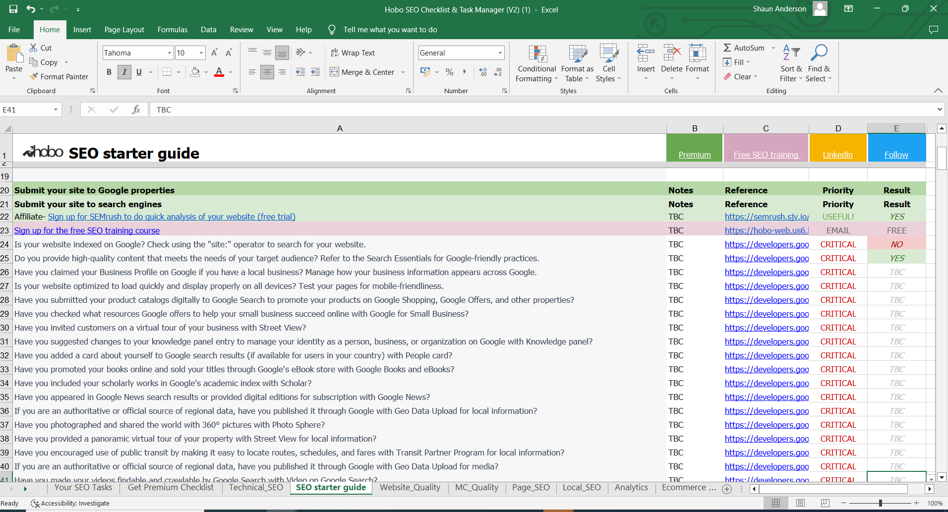 SEO Checklist in Excel SEO Checklist in Excel